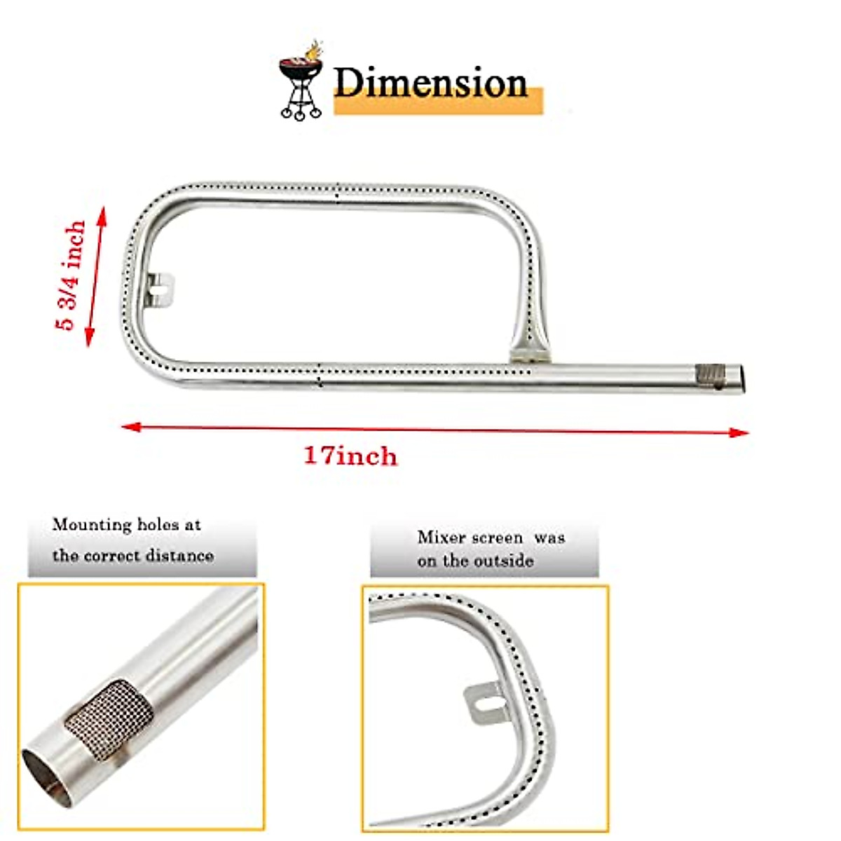 FIRXZYMZ 60040 Grill Burner for Weber Q100, Q120, Q1000, Q1200, Baby Q Gas Grills, 17inch Stainless Steel Replacement Part 69957/45657 for 386001, 386002, 516002, 516001, 50060001, 51060001
