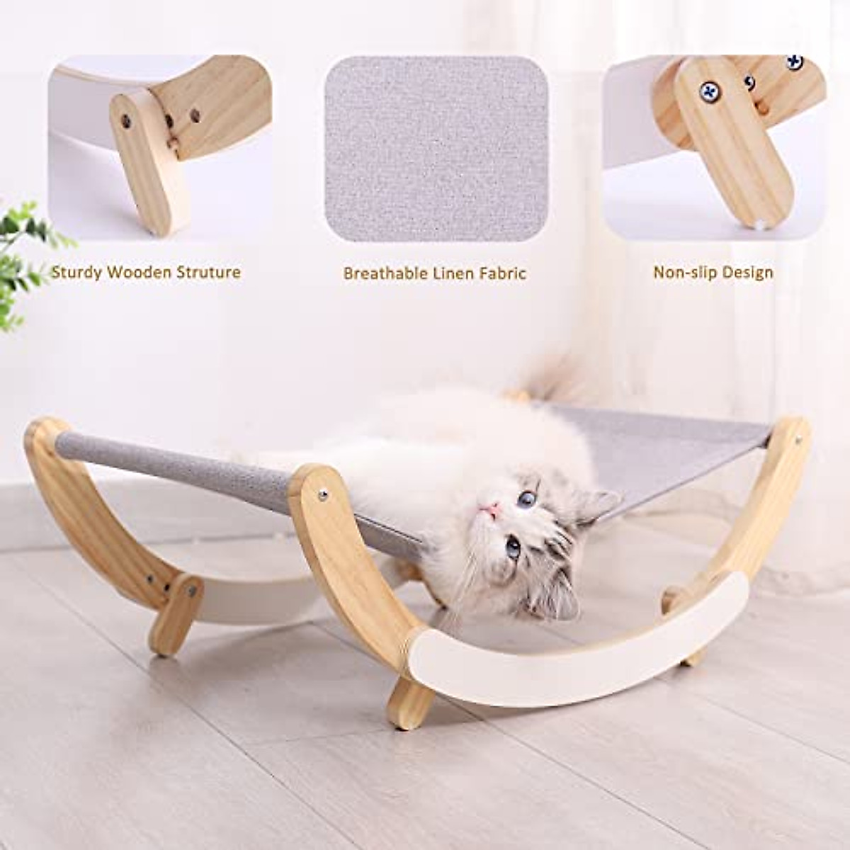 LCRUNONE Cat Hammock, Pet Bed, Solid Wood Fancy Swing Chair, 2 in 1 Chair and Hammocks, Cat Furniture Gift for Your Small to Medium Size Cat and Dog