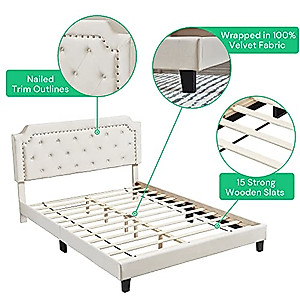 SunsGrove Queen Bed Frame, Velvet Upholstered Platform Bed with Curved Button Tufted Headboard with Nailhead Trim, Solid Wooden Slats Support, No Box Spring Needed, Beige