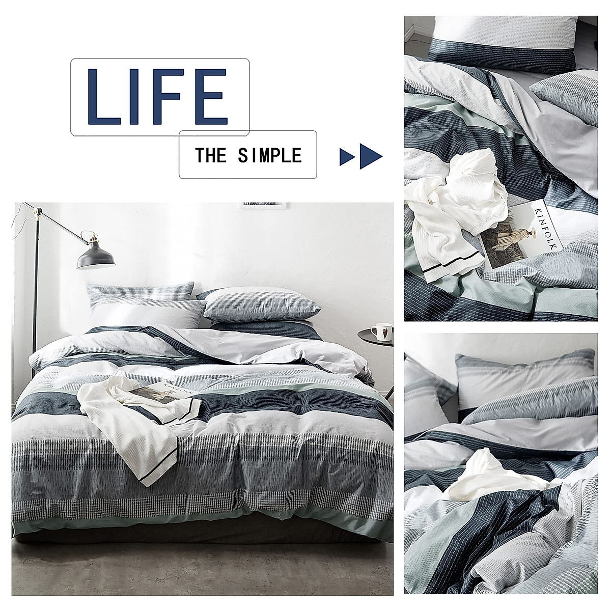 VClife Cotton Queen Duvet Cover White Grey Blue Stripe Bedding Sets Lightweight Modern Style Geometric Comforter Cover with Zipper Closure (1 Queen Size Duvet Cover and 2 Pillowcases) Breathable Soft