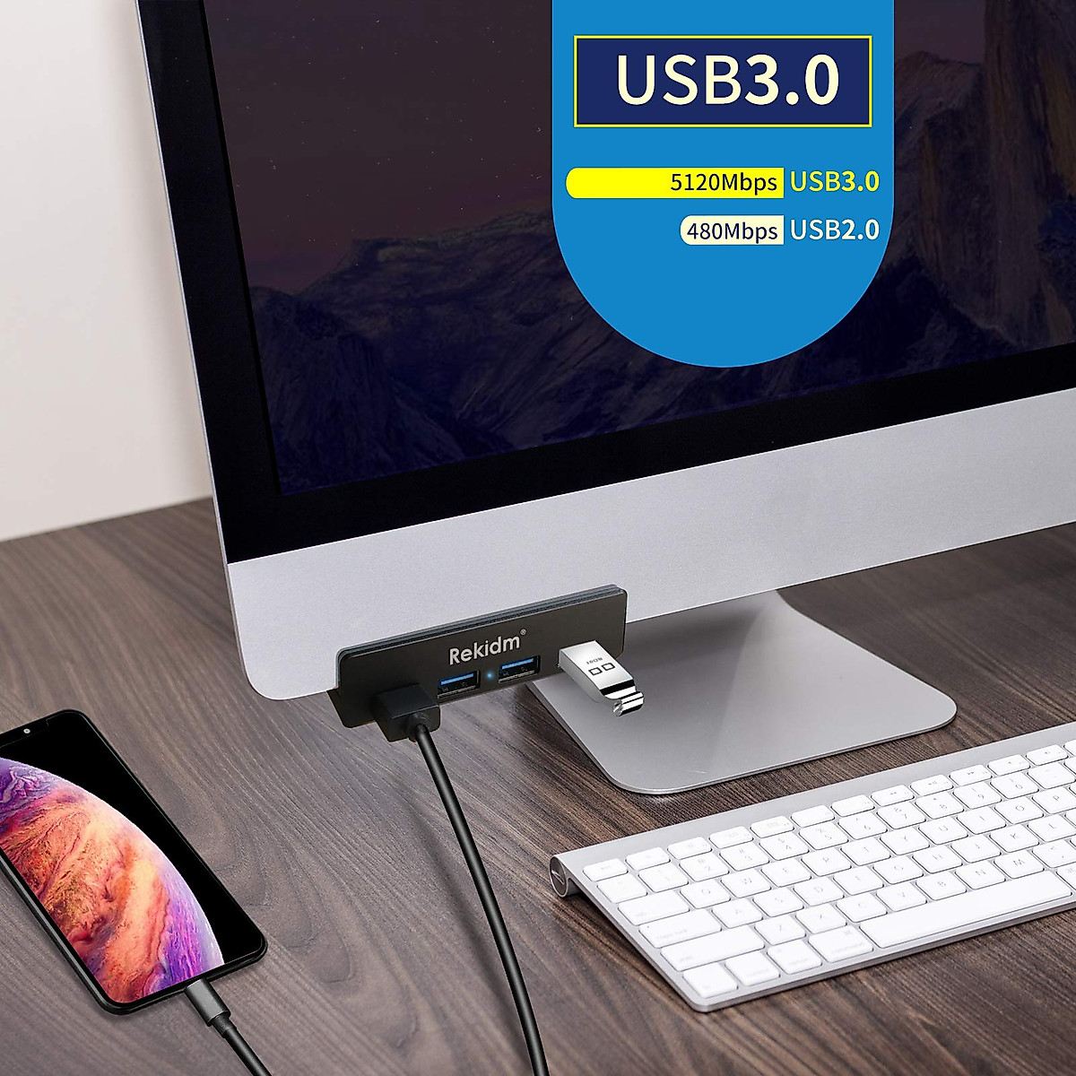 USB Hub 3.0 - Rekidm 4 Port Aluminum USB 3.0 Hub Clamp Design for Desktop, Computer, PC, Table Edge with Durable Adjustable Clip, Compact Space-Saving Mountable Desk USB Hub Fast Speed Transfer