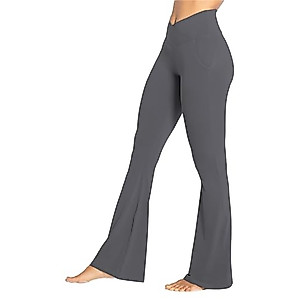 Sunzel Flare Leggings for Women, Crossover Yoga Pants with Pockets 30" Grey Large