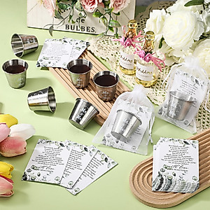 Uiifan Wedding Favors for Guests 1.5 oz Stainless Steel Shot Glasses Bulk Metal Cups Cards with Organza Bags Wedding Party Souvenirs Thank You Gifts for Guest (Cheers,50 Set)