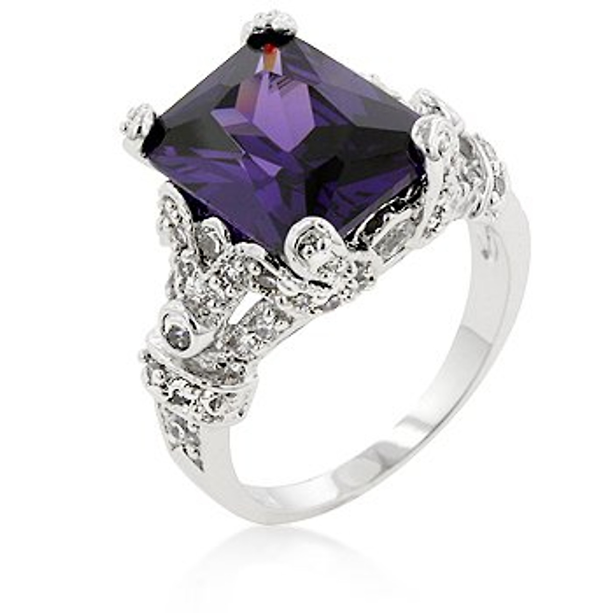 Kate Bissett Genuine Rhodium Plated Amethyst Purple Princess Ring with a Pave Accented Ring Band Size 9