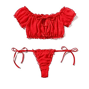 Avidlove Womens Lingerie Self Tie Ruffle Trim Dobby Teddy Mesh Lingerie Set Sexy Bra and Panty Set Red M