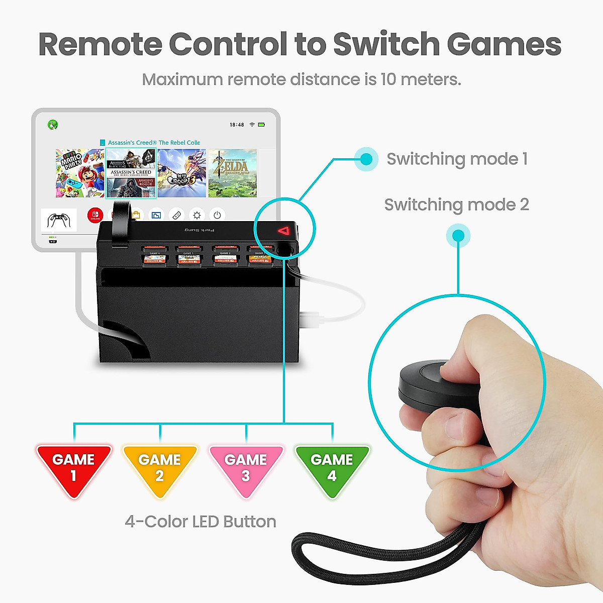 Park Sung Switch Game Card Reader, Upgrade Version Switch Game Switcher with Remote Control Switching, 8-in-1 Game Cards Holder (4 for Game Switch+4 for Storage) Quick Switching for Switch/Switch OLED