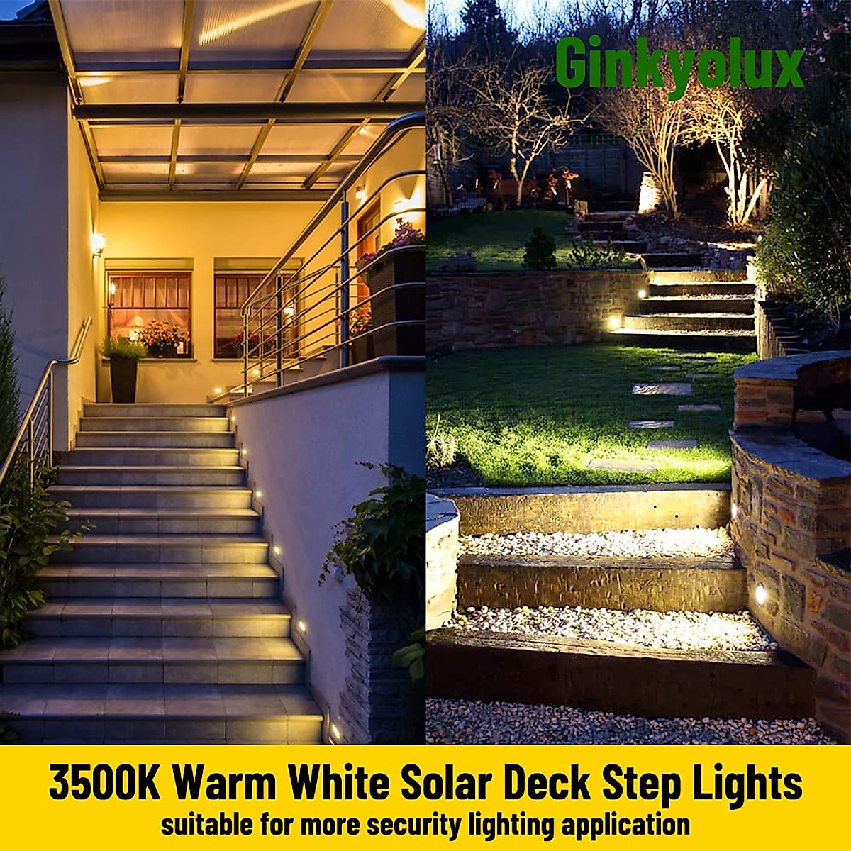GinkyoLux Solar Deck Step Lights, 8 LEDs 3500K Warm White, Waterproof Dusk to Dawn Stair Garden Pathway Fence Railing Patio Landscape Lighting Ideal for Home Safety and Beauty, 2-Pack