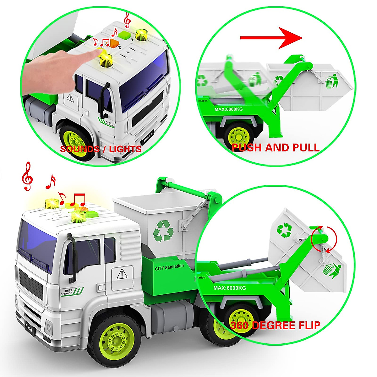 Gizmovine Garbage Truck Toys, 2 Pack Trash Truck Toys with Light and Sound, Friction-Powered Back Dump Garbage Recycling Truck Toy Set with 4 Trash Cans, Gift for 3+ Years Old Kids Boys Girls