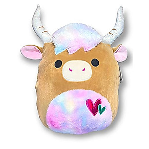 Squishmallows Official Kellytoy 16 Inch Candela Brown Highland Cow with Rainbow Fuzzy Mane and Belly - Pink Nostrils - 2023 Valentine's Squad Stuffed Animal Toy Pillow