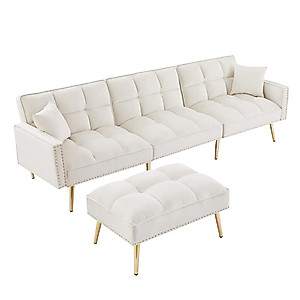 FANCUF Velvet Upholstered Reversible Sectional Sofa Bed, L-Shaped Couch with Movable Ottoman for Living Room.