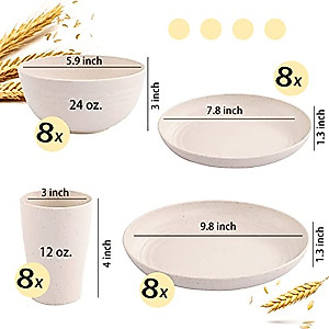 Supernal Wheat Straw Dinnerware Sets,Dinnerware Sets for 8,Microwave Dishwasher Safe,Unbreakable Dinnerware,Reusable Tableware Set,Beige Set 16pcs Plates, 8pcs Bowls, 8pcs Cups.