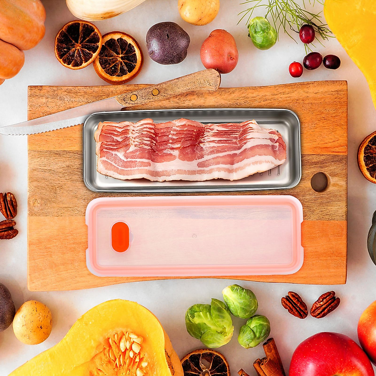 BSTKEY Bacon Container for Refrigerator, 304 Stainless Steel Airtight Deli Meat Saver Bacon Keeper for Fridge, Bacon Fresh Storage Container with Clear Lid, Dishwasher Safe, Fridge Organizer