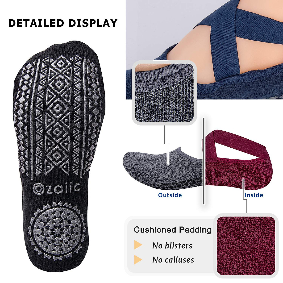 Ozaiic Non Slip Socks for Yoga Pilates Barre Fitness Hospital Socks for Women (4 Pairs - Black/Navy/D.gray/Burgundy)