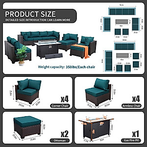 WAROOM Outdoor Patio Furniture Set 11 Piece Dark Brown Rattan Sectional Sofa PE Wicker Conversation Chairs with 45" Propane Fire Pit Table and Non-Slip 5" Thick Peacock Blue Cushion