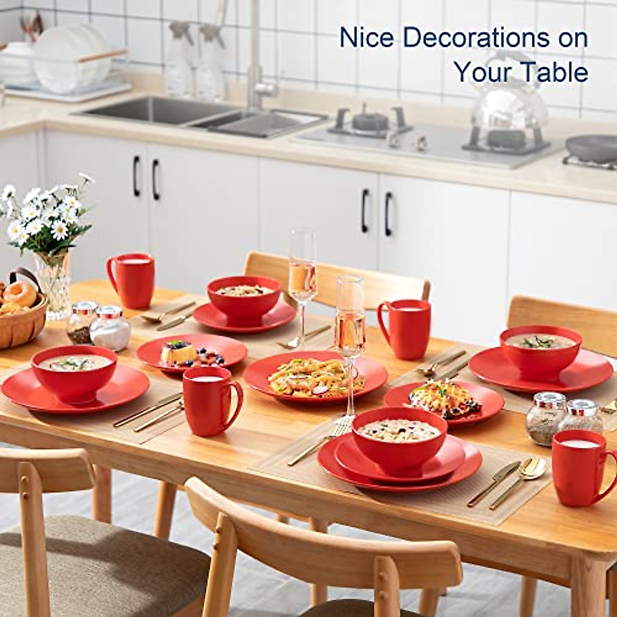 LOVECASA Red Dinnerware Sets for 4, 16 PCS Porcelain Dishes Set, Round Plates and Bowls Sets Including Dinner Plates, Dessert Plates, Bowls and Mugs, Microwave&Dishwasher Safe, Orangered