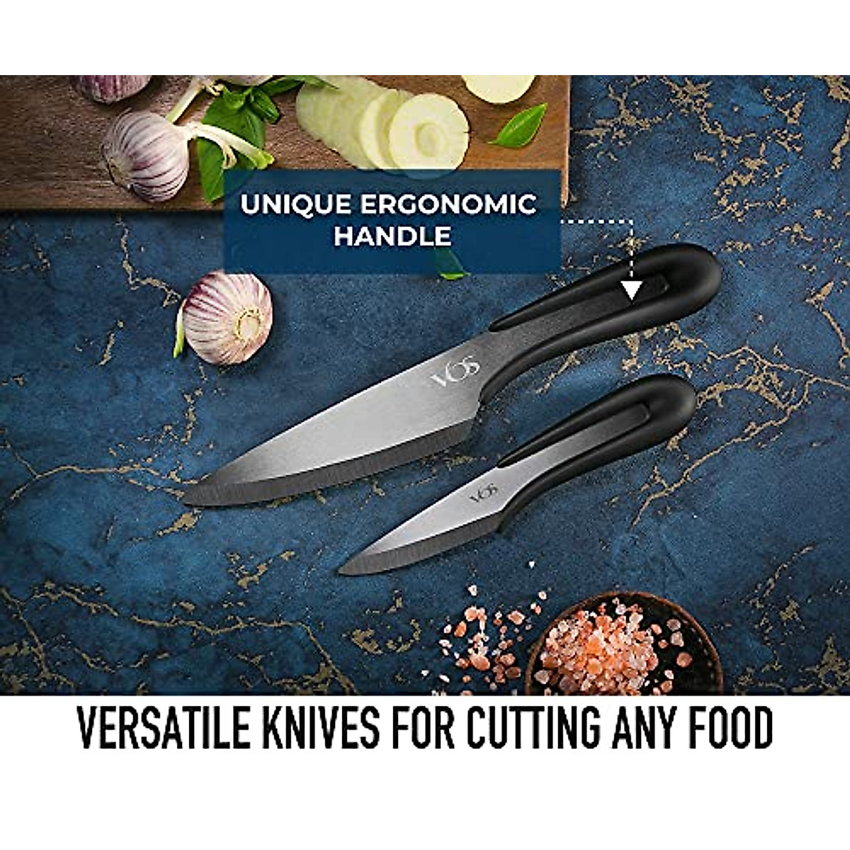 Vos Ceramic Knife Set with Covers 2 Pcs - 5" Santoku Knife, 3" Paring Knife and 2 Black Covers - Advanced Kitchen Knives for Cutting, Chopping, Slicing, Dicing with Ergonomic Unique Handles