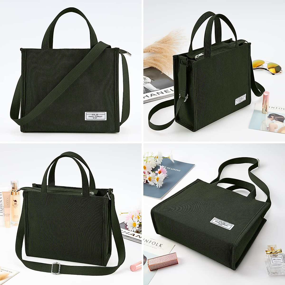 KALIDI Tote Bag Women Large Corduroy Bag Fashion Crossbody Shoulder Tote with Zipper Pockets Women Handbag Big Hobo Purse