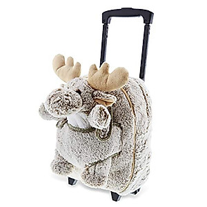 DolliBu Moose Plush Trolley & Purse Set - 3-in-1 Kids Trolley, Backpack, & Brown Moose Purse, Soft Plush Backpack on Wheels, Rolling Bag with Removable Plush Toy Purse - 15"
