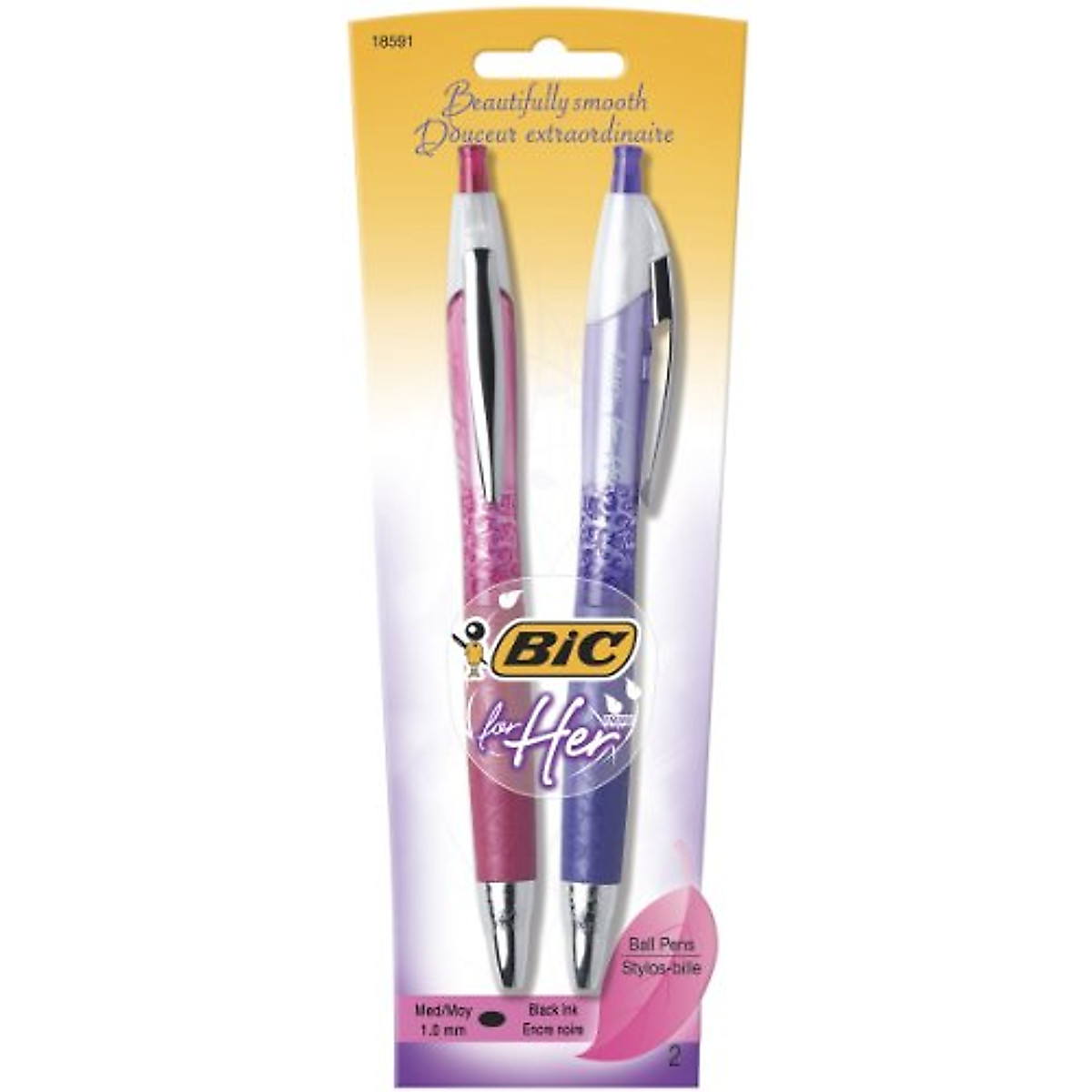 BIC For Her Retractable Ball Pen, Medium Point, 1.0 mm, Black Ink, 2 Count (FHAP21-Black)