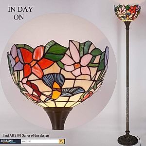 WERFACTORY Tiffany Floor Lamp Hummingbird Amber Stained Glass Light 12X12X66 Inches Pole Torchiere Standing Corner Torch Uplight Decor Bedroom Living Room Home Office S101 Series