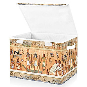 KEEPREAL Egyptian Tribal Life Storage Basket Bin with lid, Large Cube Storage Box Collapsible Storage Organizer for Home Office Closet - 16.5 L x 12.6 W x 11.8 H