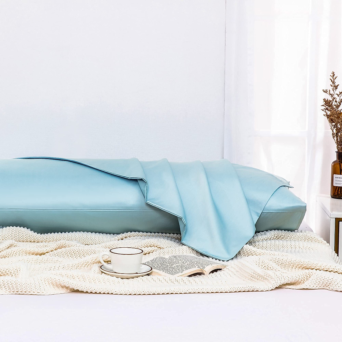 Leeden Body Pillow Cover, 100% Cotton, 800 Thread Count, Soft Breathable Long Pillow Case, Envelope Closure (Light Blue, 21"x 54")