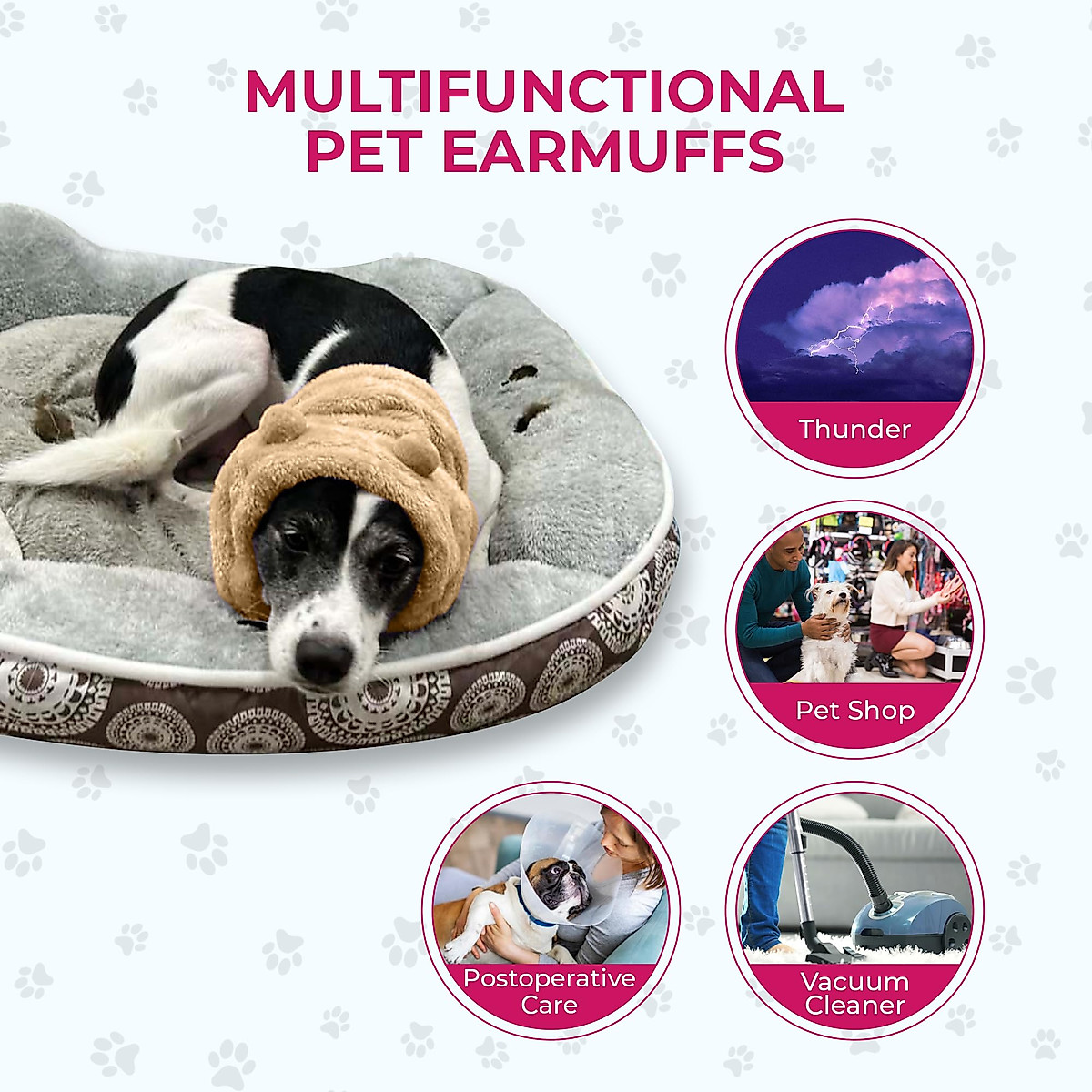 SSaYo Adjustable Dog Noise Cancelling Ear Muffs Noise Protection - No Flap Ear Wraps for Dogs - Snoods Dog Headband Ear Covers for Anxiety Relief, Thunderstorms, Fireworks & Grooming (Brown, Large)