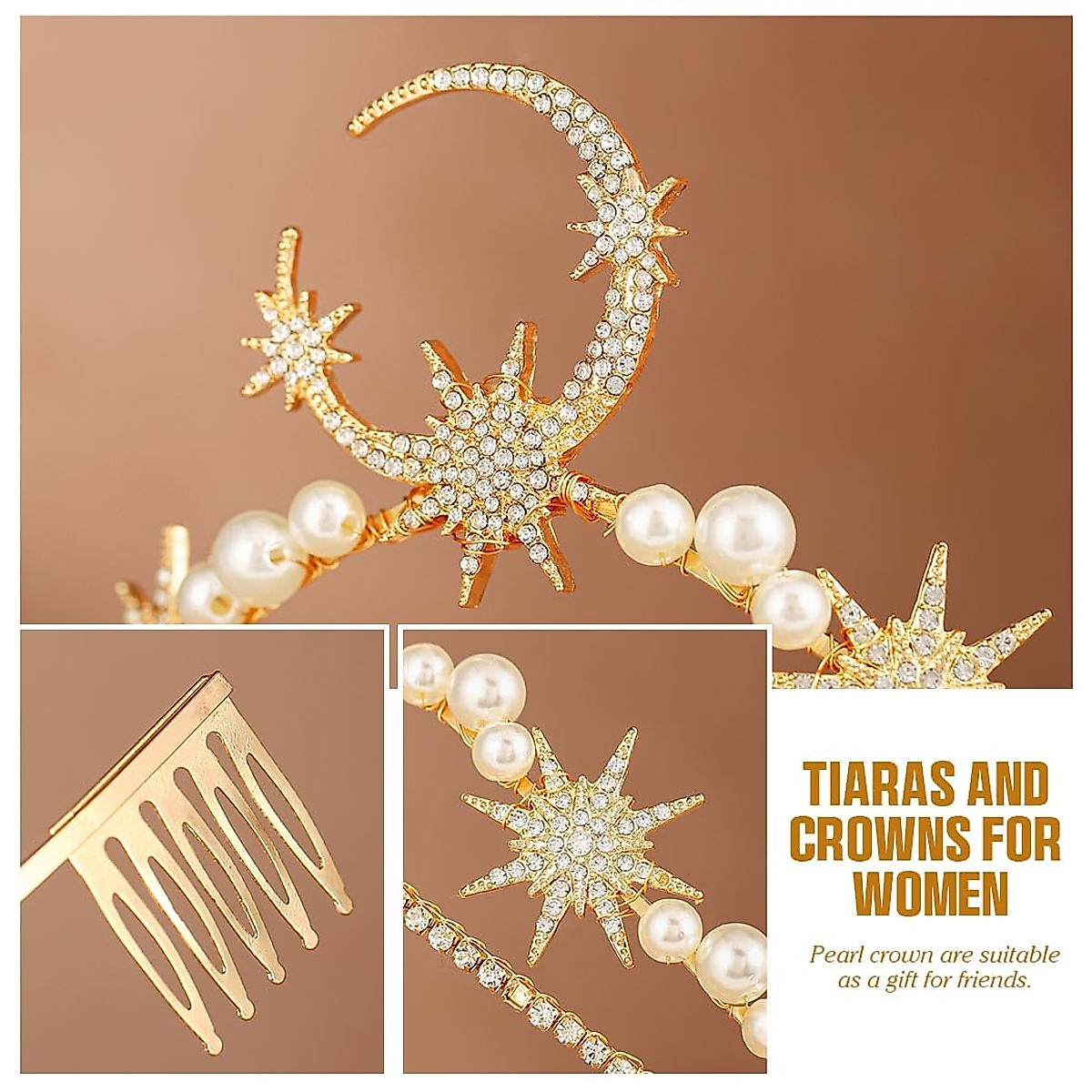 Catery Star Moon Crown Headband Gold Halo Crown Goddess Tiara Headpiece Pearl Boho Wedding Headpiece Bridal Hair Accessories for Women and Girls