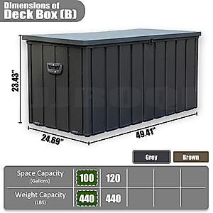 UJROQI 100 Gallon Deck Box Outside Storage Box, Lockable Storage Deck Boxes Waterproof Large Metal&Resin Deck Box with Rollers for Garden Tools Patio Cushions and Pool Supplies, Dark Grey
