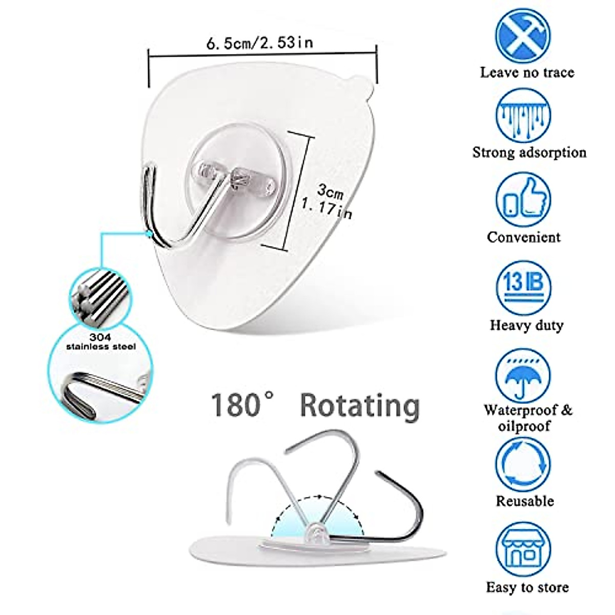 DSSPORT 20Pack Triangular Self Adhesive Hooks, Wall Hooks for Hanging Heavy Duty Self Stick Hooks Kitchen Bathroom Window Ceiling Waterproof and Oilproof Reusable Seamless Hooks