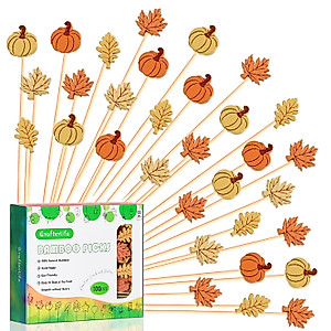 Pumpkins Maple Leaves Fall Cocktail Picks Autumn Theme Toothpicks Fruit Drinks Dessert Sticks Food Sandwich Appetizer Charcuterie Skewers, for Thanksgiving Day Decorations Party Supplies (100)