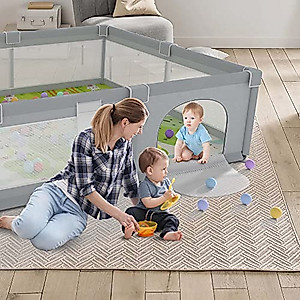 Baby Playpen 79" X 71" , LUTIKIANG Play Yard for Babies and Toddlers with Mat, Safety Extra Large Baby Fence Area, Indoor & Outdoor Kids Activity Play Center with Anti-Slip Suckers and Zipper Gate.
