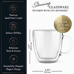 ELIXIR GLASSWARE Large Double Wall Coffee Mugs 16 oz - Double Wall Glass Set of 2 - Insulated Coffee Mugs with Handle (16 oz)