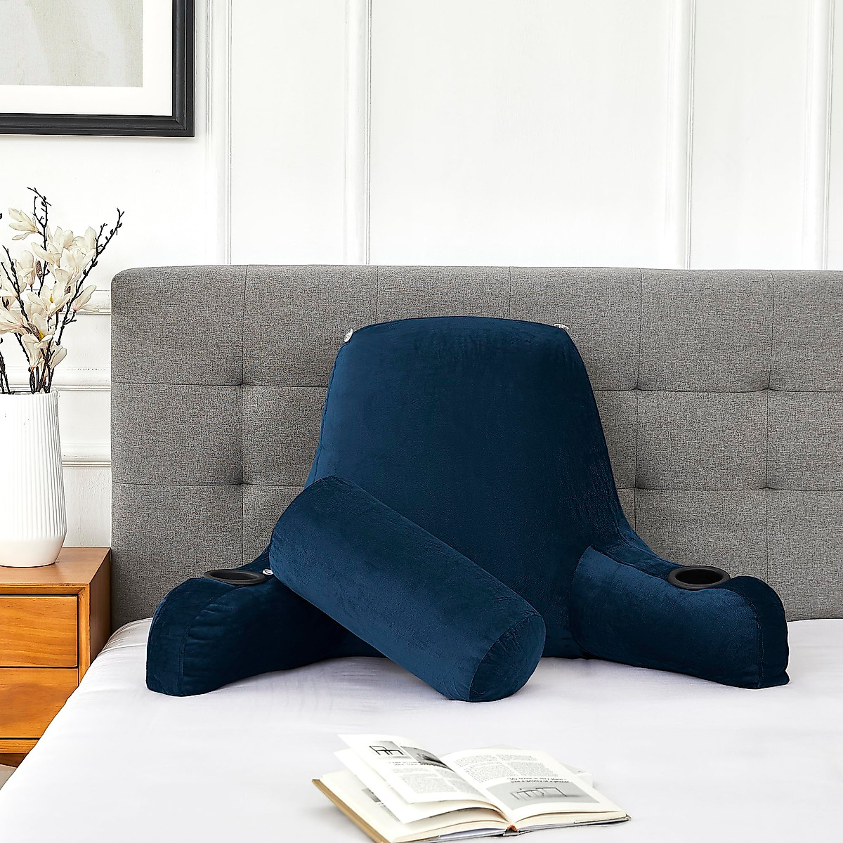 Extra Large Reading Pillow Ultimate Comfort & Support Bed Rest with Cup Holders, Storage Pockets, Detachable Neck Roll, and Removable Cover - Ideal for Relaxation, Work, and Lounging, Gray