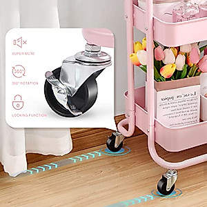 TOOLF 3 Tier Metal Rolling Cart, Utility Cart with Handle, Multifunction Storage Cart with Lockable Wheels, Serving Organizer Trolley with Mesh Basket for Kitchen, Bathroom, Office