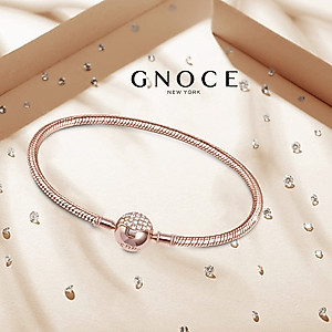 GNOCE Charm Bracelet Sterling Silver Rose Gold Plated DIY Snake Chain Endearing Gifts For Her Basic Charm Bracelet Dainty Bangle with Crystal Round Shape Clasp (2Rose Gold, 7.5)