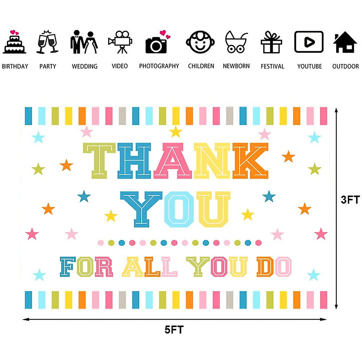 Ticuenicoa 5×3ft Thank You Backdrop Colorful Photography Background Thanks for Teachers Employees Thank You First Responders Support Doctors Nurses Party Decorations Banner Props