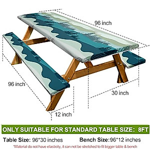 Picnic Table Cover with Bench Covers Camping Essentials Waterproof Windproof Camping Tablecloth with Drawstring Bag, Fitted Rectangle Tables and Seats, 96in, Green Blue