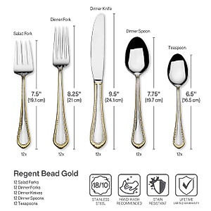 Mikasa, Gold Accent Regent Bead Flatware Service for 12, 65 Piece Set, 18/10 Stainless Steel, Silverware Set with Serving Utensils