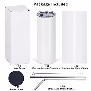Micellwuu 50 Pack Sublimation Tumblers Bulk 20 oz Skinny Straight，Stainless Steel Sublimation Blanks Skinny Tumbler Cups White, Individually Boxed
