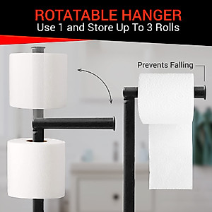 Toilet Paper Holder Stand, Modern Bamboo Base Free Standing Toilet Paper Holder with Storage, Sturdy Black Metal Stand with Weighted Base, Sleek and Decorative Freestanding Bathroom Toilet Roll Holder