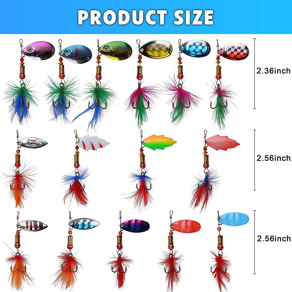 Rooster Bait Tail Spinner Fishing Lures Kit,30pcs Metal Spoon Lures with Feathered Treble Hooks for Bass Walleye Trout Freshwater Saltwater