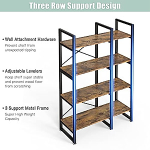 Easyzon 4 Tier Bookcase and Bookshelf, Rustic Industrial Bookshelf, Large Etagere Bookshelf Open Display Shleves with Metal Frame for Living Room Bedroom Home Office, Rustic Brown