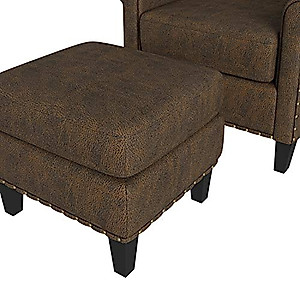 Domesis Button Tufted Rolled Arm Chair and Ottoman in Distressed Brown Faux Leather