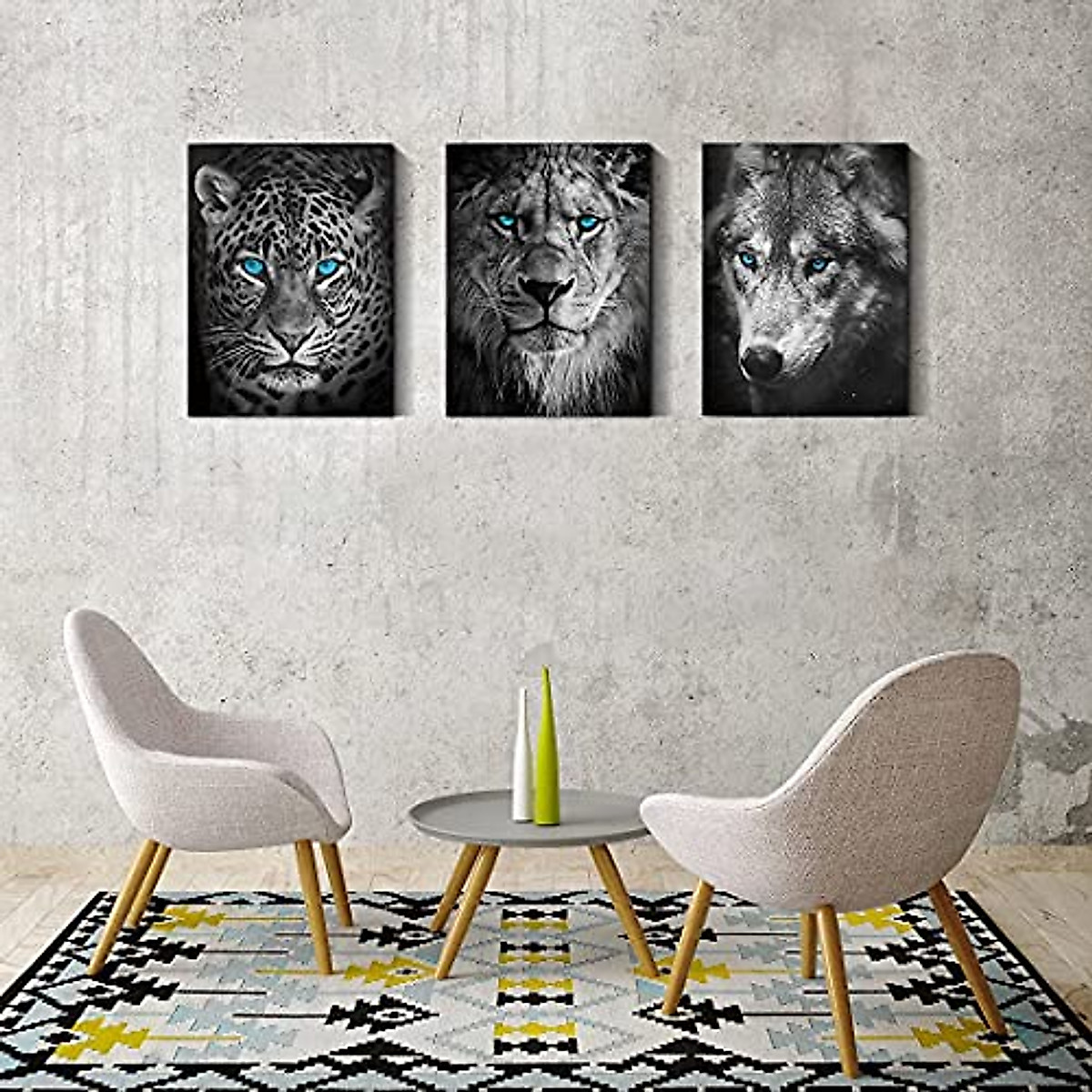 QTESPEII Black and White Animals Pictures Wall Art Decor for Bathroom Leopard Lion Wolf Head with Blue Eyes Paintings Canvas Prints Wildlife Artwork Framed Modern Home Office Decor 12"x16" 3 Panels