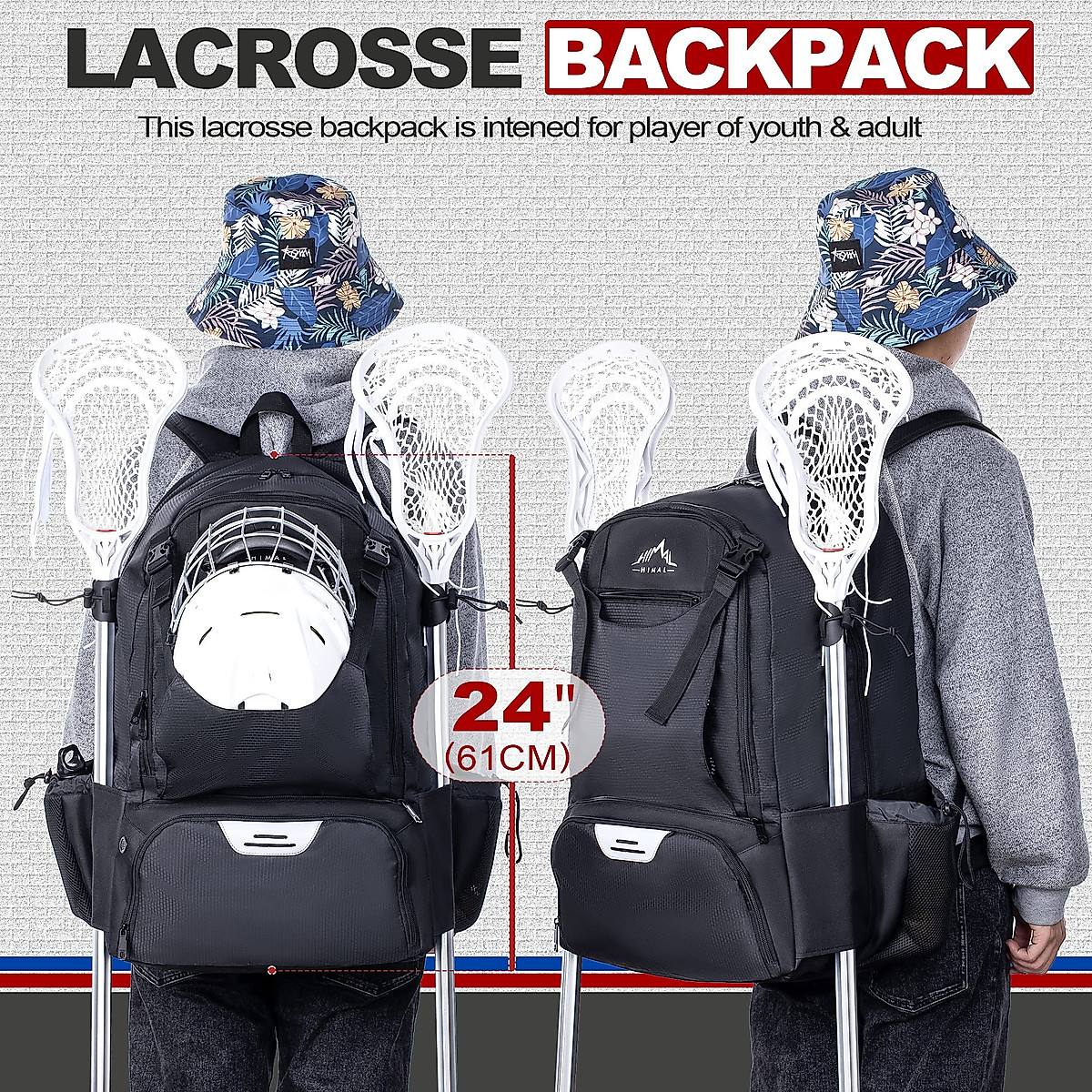 GoHimal Lacrosse Bag Extra Large Lacrosse Backpack with Tow Stick Holder (Black)