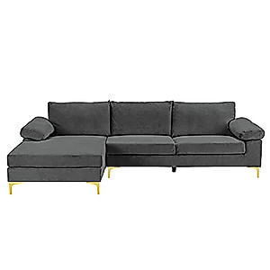 Casa Andrea Milano Modern Sectional Sofa L Shaped Velvet Couch, with Extra Wide Chaise Lounge and Gold Legs, Large, Dark Grey