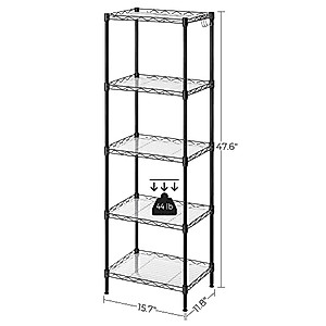 SONGMICS Kitchen Metal Shelves, 5-Tier Wire Shelving Unit with 8 Hooks, Narrow Storage Rack with PP Shelf Liners, Height-Adjustable, for Bathroom, Pantry, Black ULGR115B01