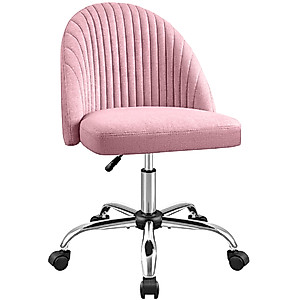 Furniwell Office Chair Armless Cute Desk Chair Modern Adjustable Swivel Padded Fabric Vanity Task Computer Chair Home Office Desk Chairs with Wheels (Pink)