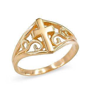 Religious Jewelry Filigree Cross Ring for Women in Fine 10k Yellow Gold (Size 8)